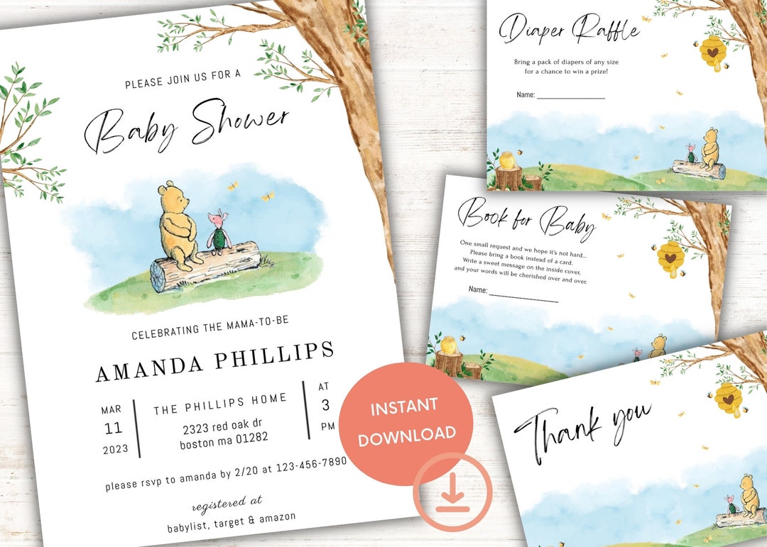 Pooh Bear & Piglet Gender Neutral Baby Shower Invitation Bundle ...