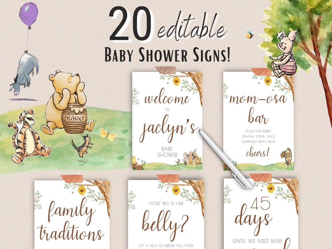 Pooh Bear Baby Shower Editable Sign Bundle, Pooh Bear Baby Shower Sign ...