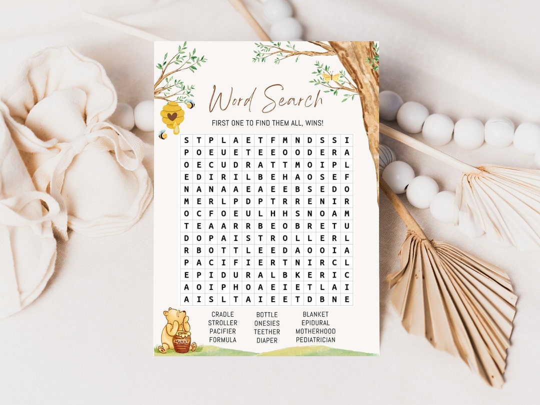 Winnie the Pooh Baby Shower Word Search, Baby Shower Games, Printable ...