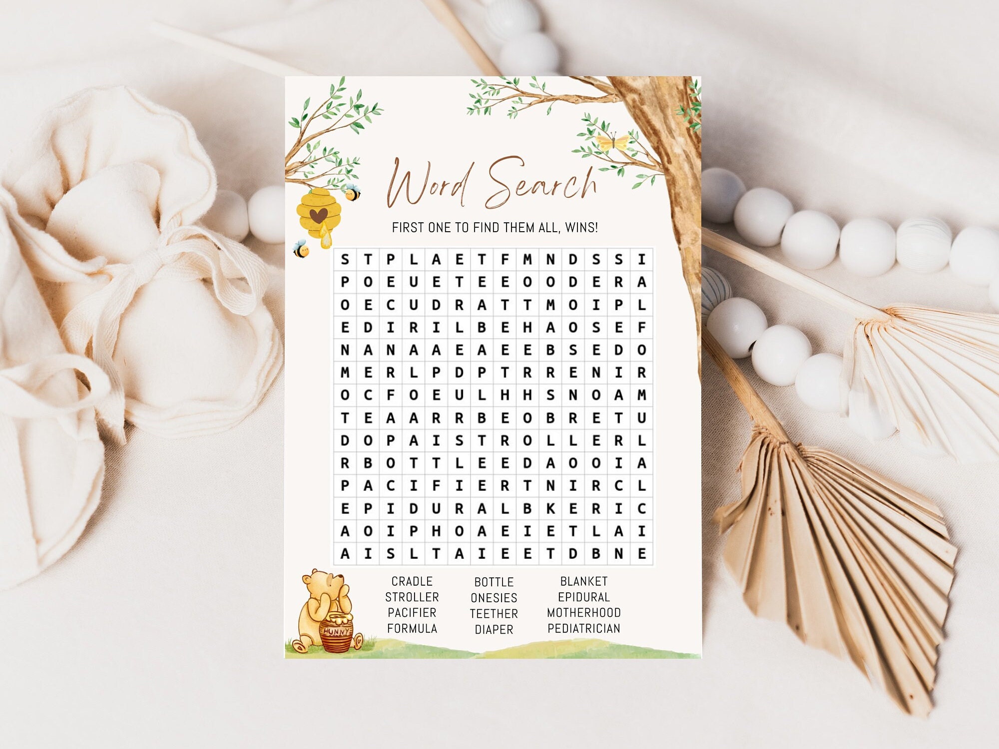 Winnie the Pooh Baby Shower Word Search, Baby Shower Games, Printable ...