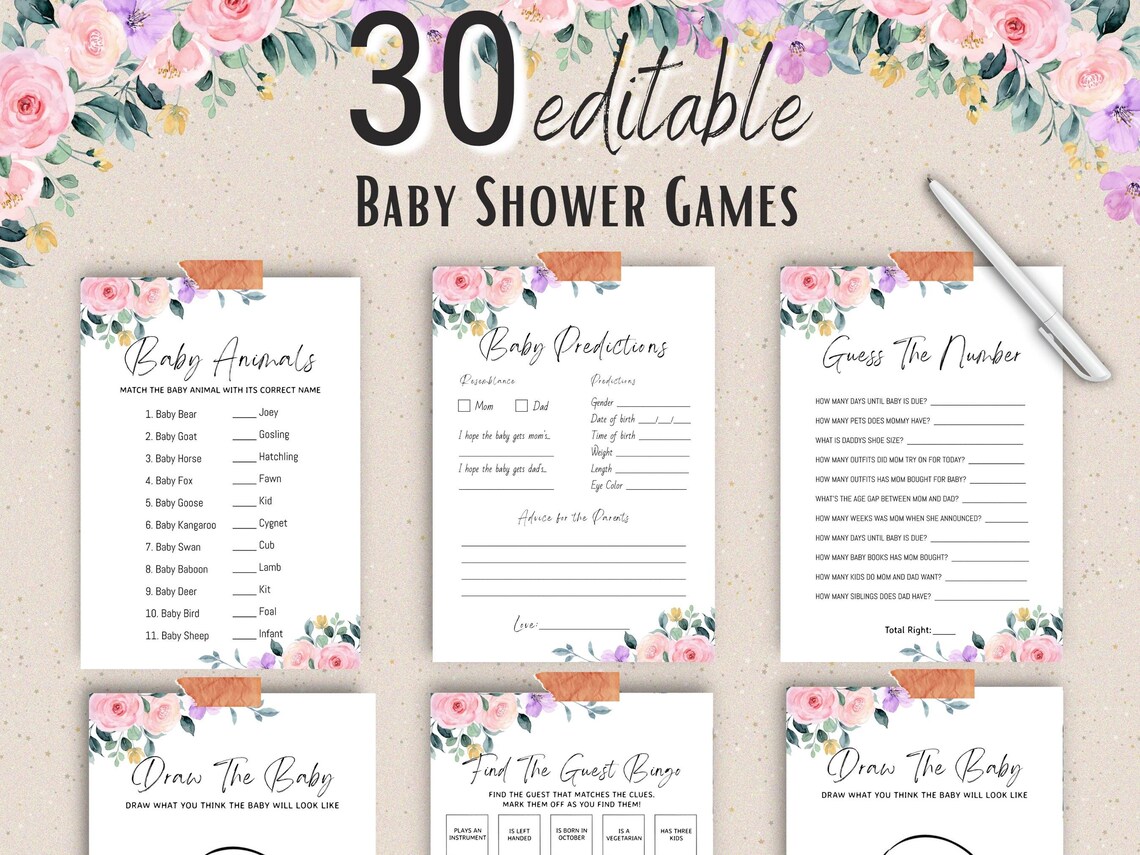 Baby Shower Games Watercolor Flowers Printable Baby Shower - Etsy