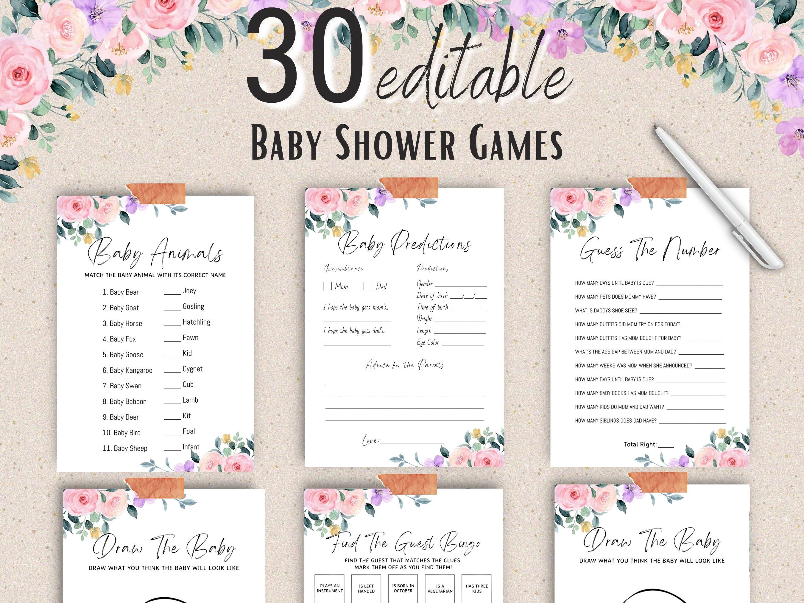 Baby Shower Games Watercolor Flowers, Printable Baby Shower Bundle ...