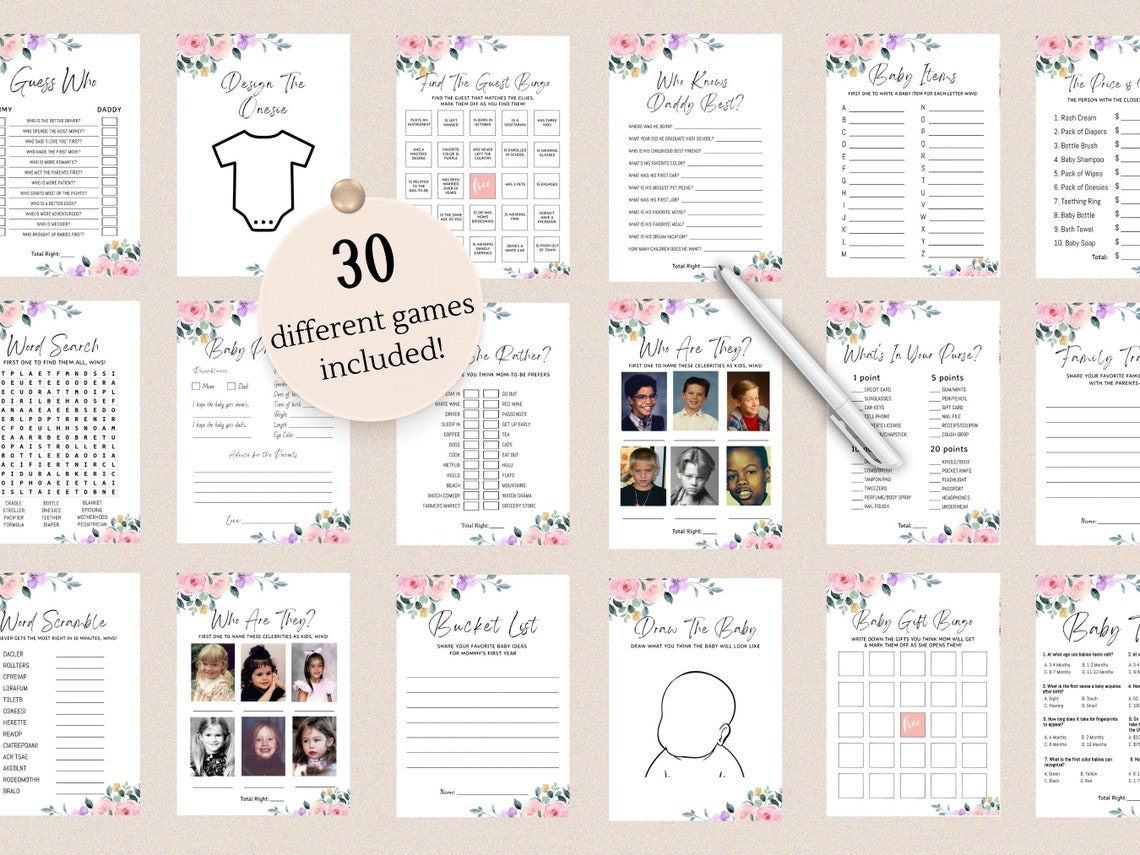 Baby Shower Games Watercolor Flowers Printable Baby Shower - Etsy