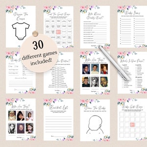Baby Shower Games Watercolor Flowers, Printable Baby Shower Bundle ...