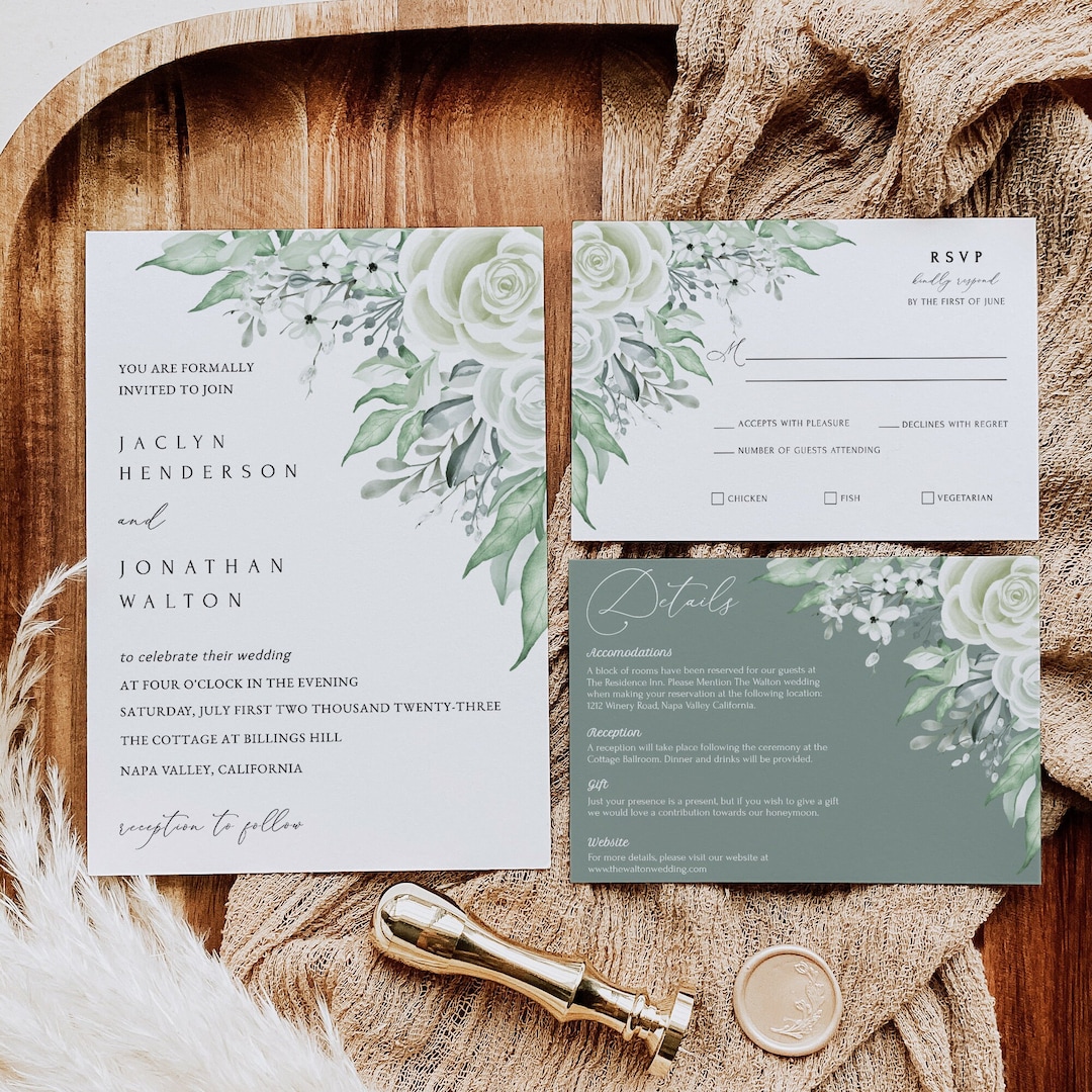 Sage Wedding Invitation Bundle, Wedding RSVP, Wedding Details Card ...