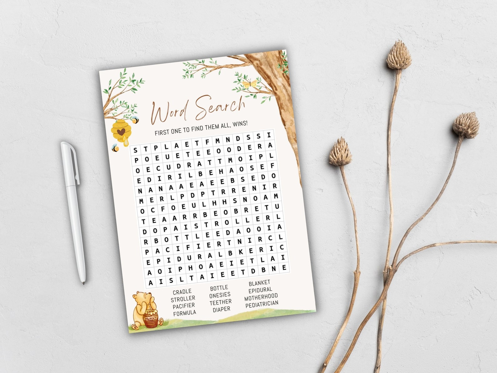 Winnie the Pooh Baby Shower Word Search, Baby Shower Games, Printable ...