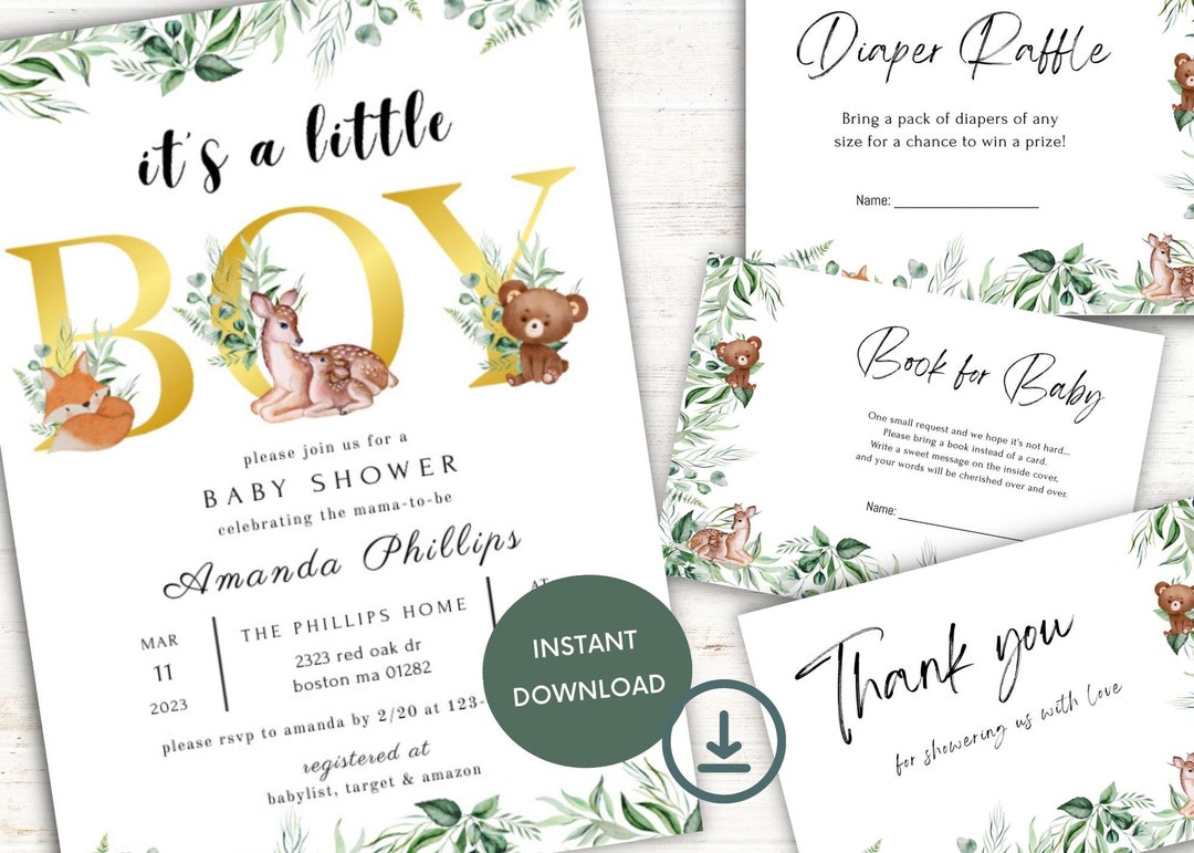Baby Shower Boy Invitation Bundle, Editable Baby Boy Woodland Animals ...