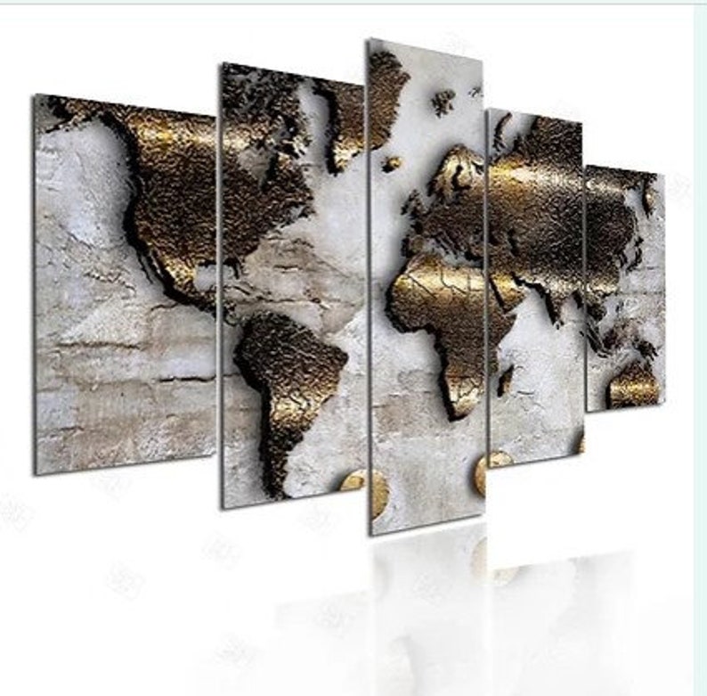 Map of World Modern Wall Canvas Painting 5 Panels World Map Posters ...