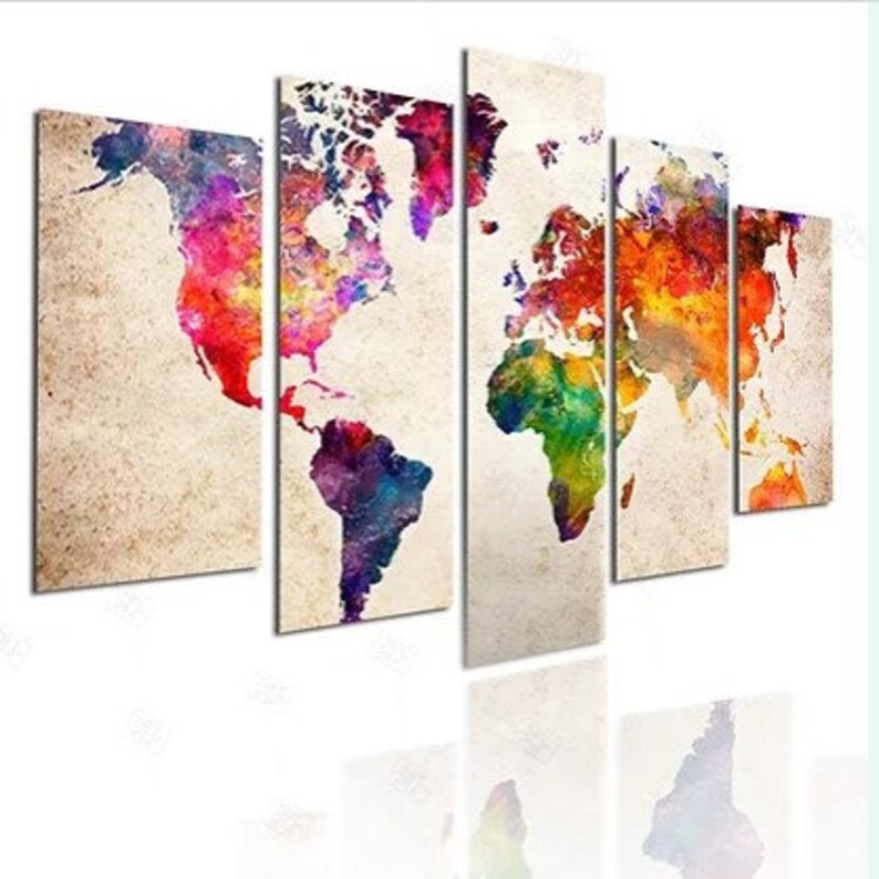 Map of World Modern Wall Canvas Painting 5 Panels World Map Posters ...