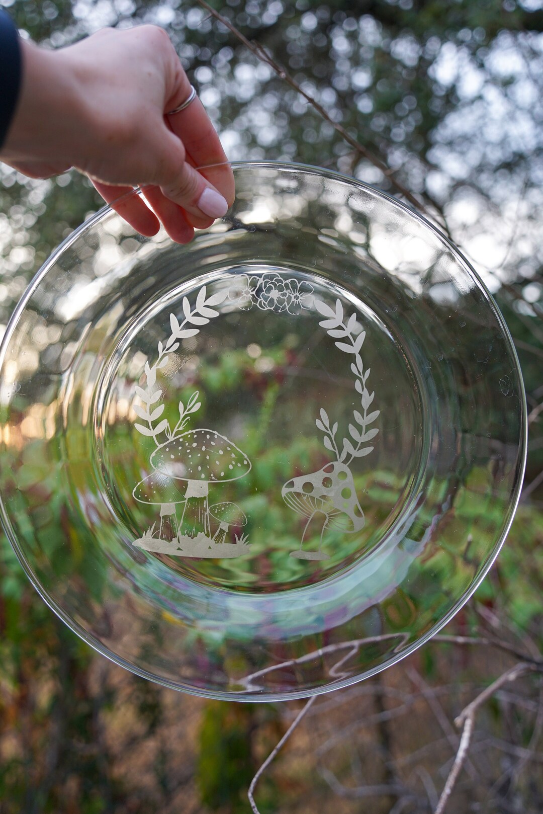 Etched Mushroom Plate Glass Reusable Picnic Plates Dinnerware Toadstool ...