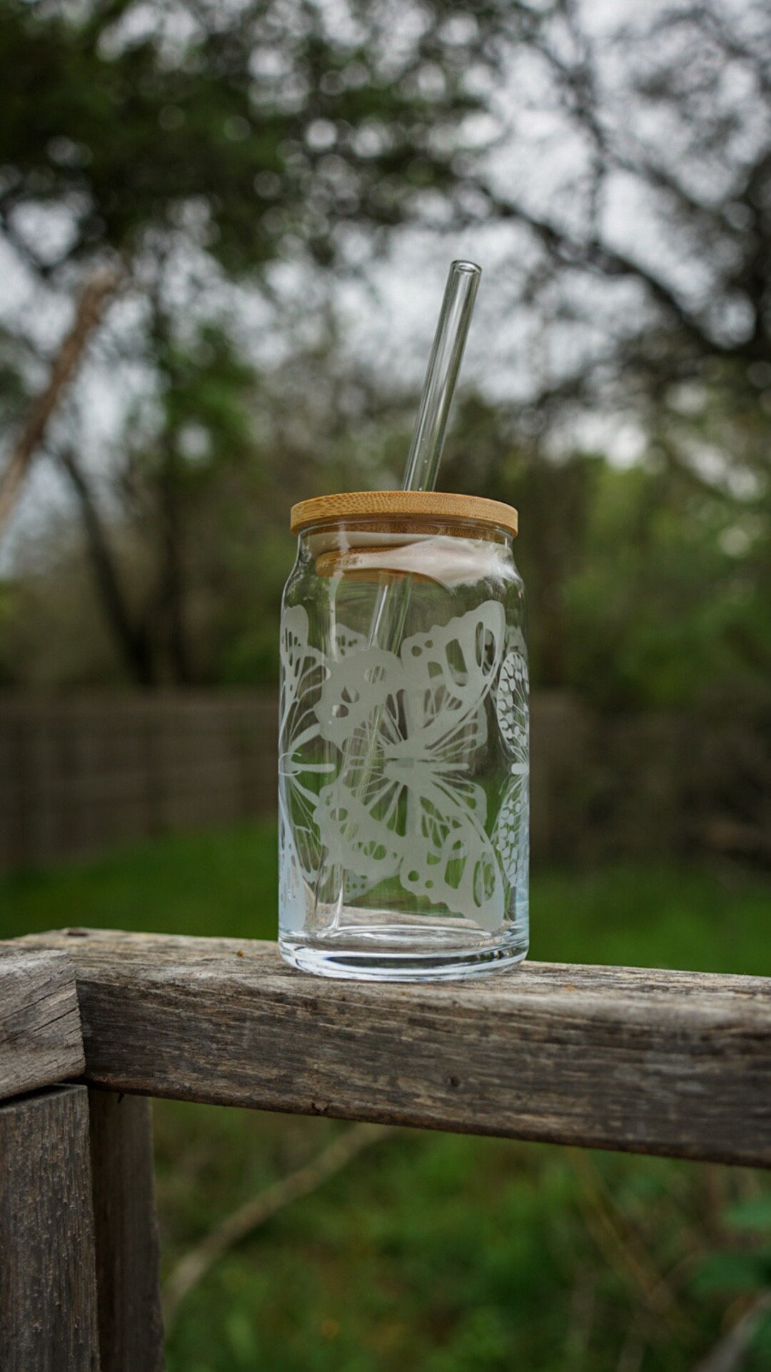 Etched 16oz Glass Iced Coffee Cup Butterfly Reusable Cottage Core Libby ...