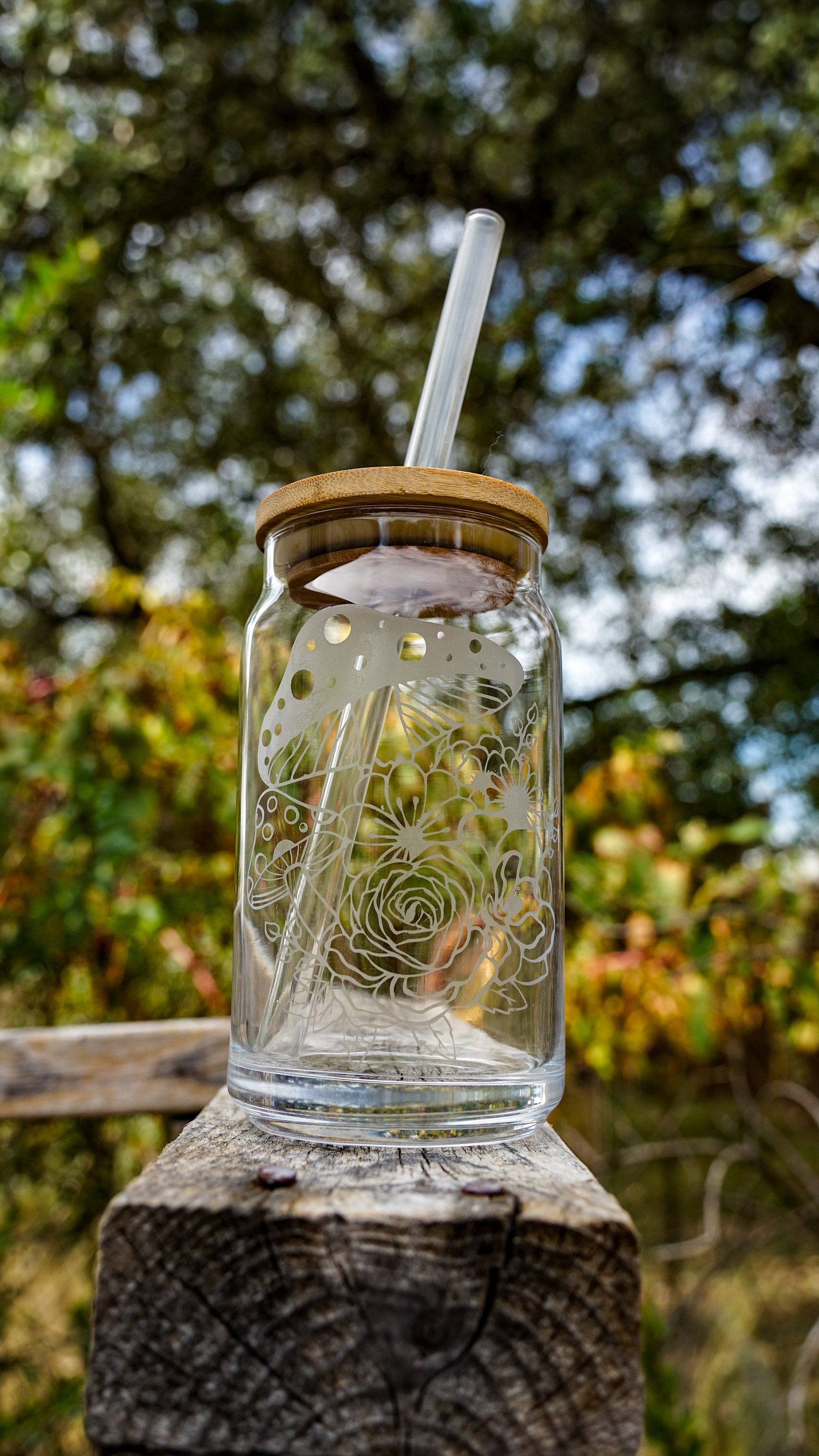 Etched Glass Iced Coffee Cup Floral Mushrooms Reusable Cottage - Etsy