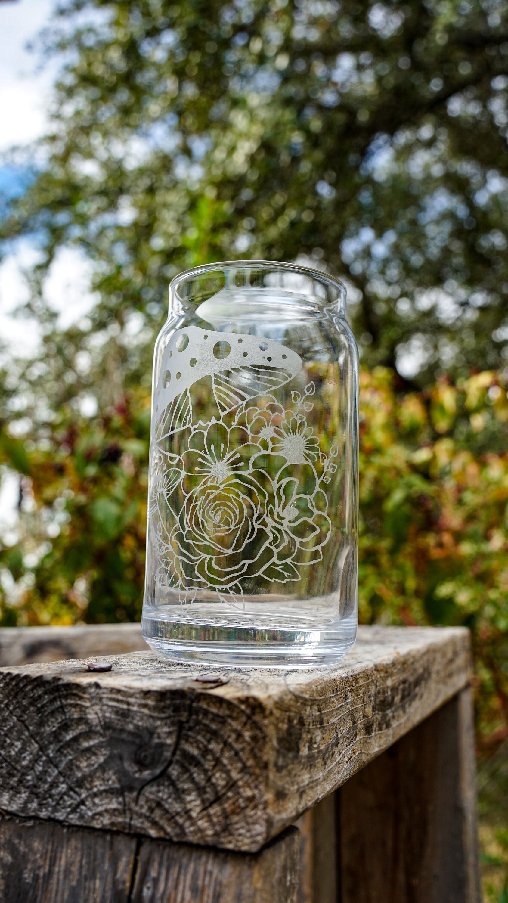 Etched Glass Iced Coffee Cup Floral Mushrooms Reusable Cottage - Etsy