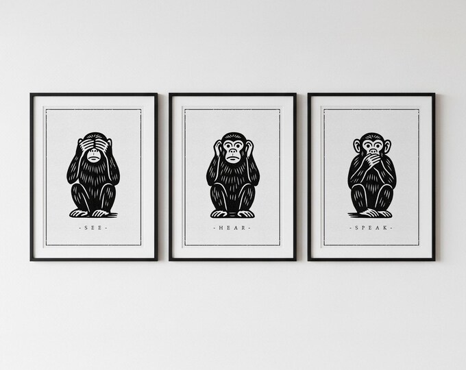 Three Wise Monkeys Dictionary Art Print Set, See No Evil, Hear No Evil ...