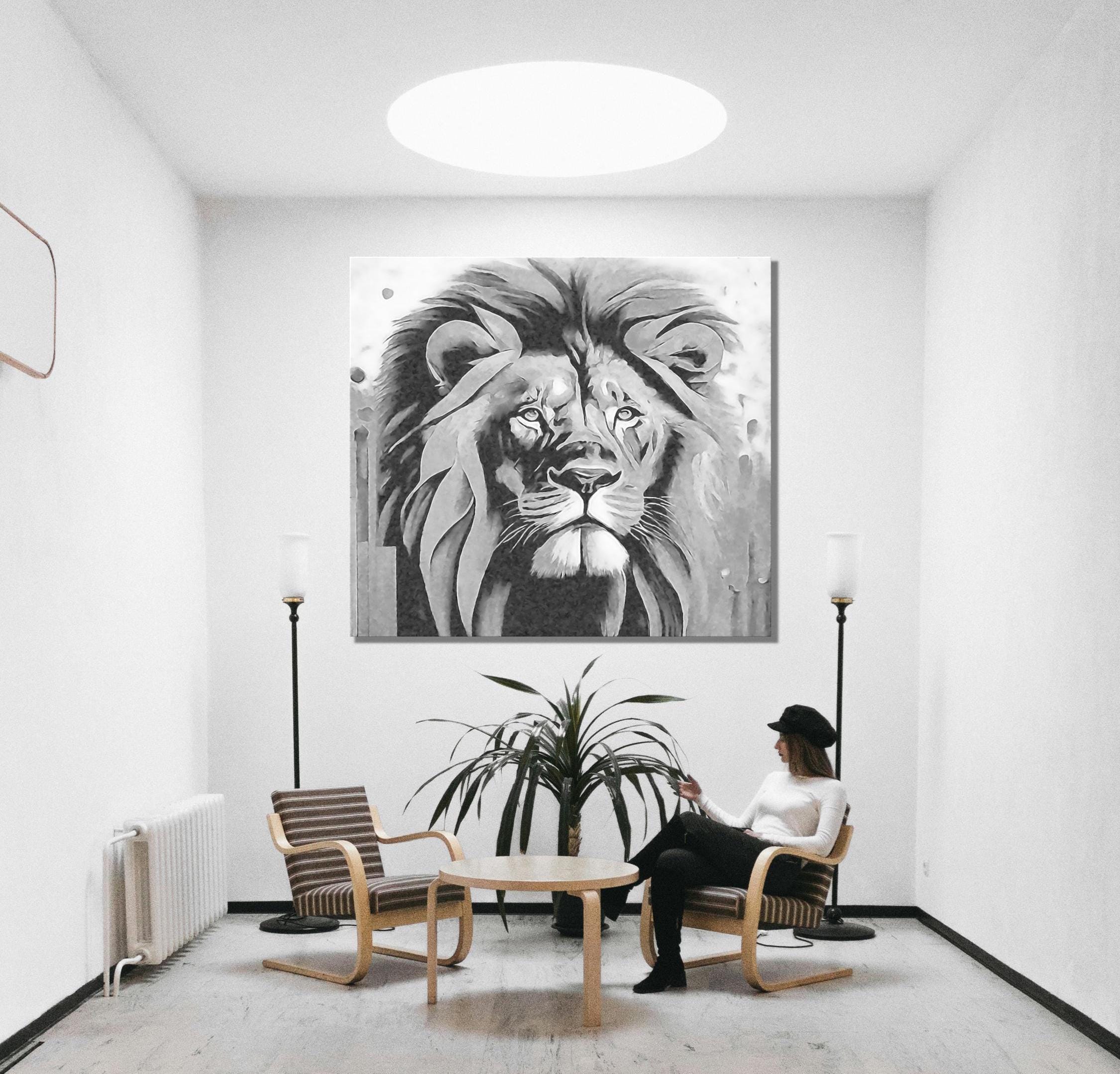 Majestic Male Lion Ink Wash Digital Print - Elegant Wildlife Art for ...