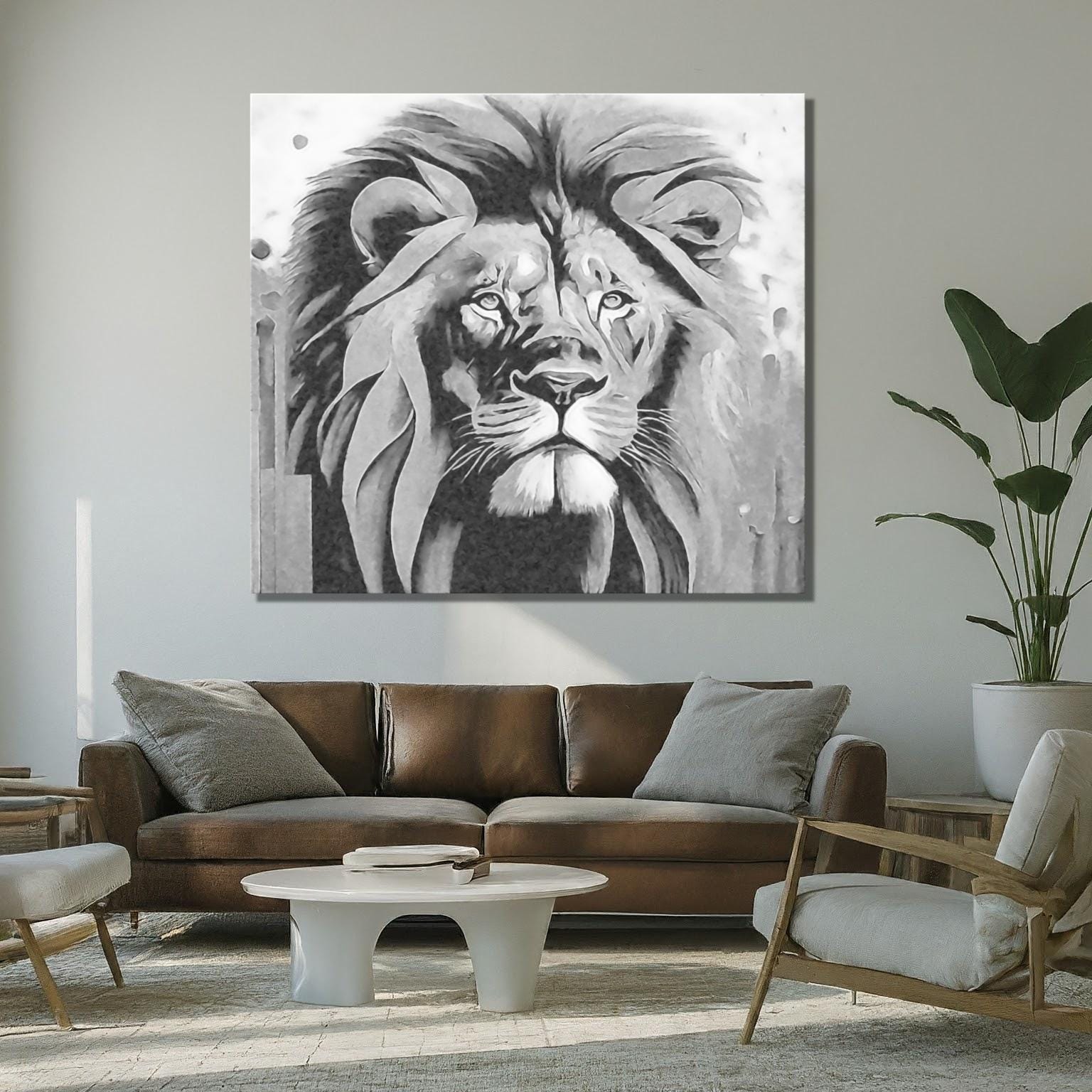 Majestic Male Lion Ink Wash Digital Print - Elegant Wildlife Art for ...