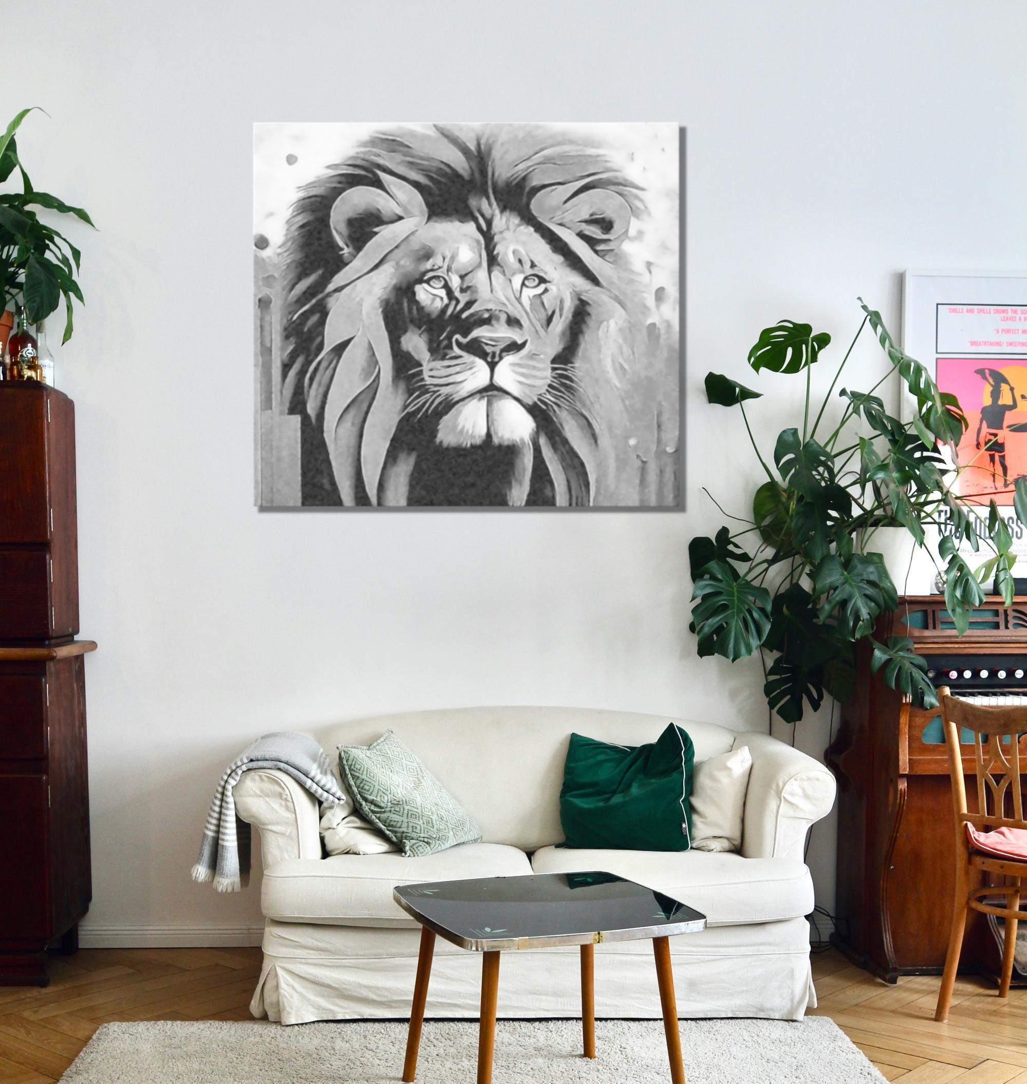 Majestic Male Lion Ink Wash Digital Print - Elegant Wildlife Art for ...