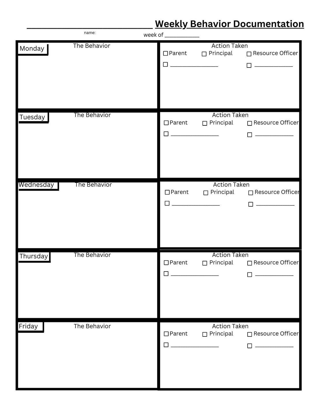 Weekly Behavior Documentation Form-quick and Easy - Etsy