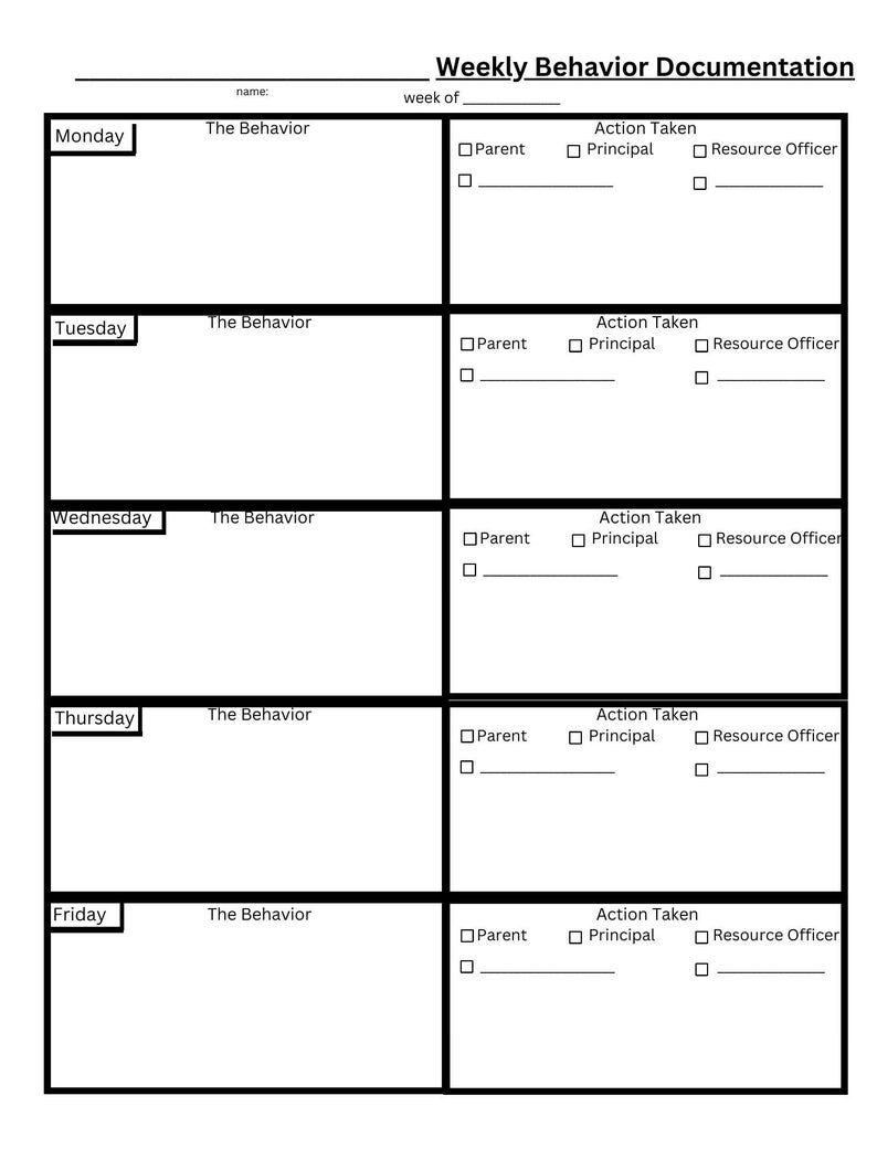 Weekly Behavior Documentation Form-quick and Easy - Etsy
