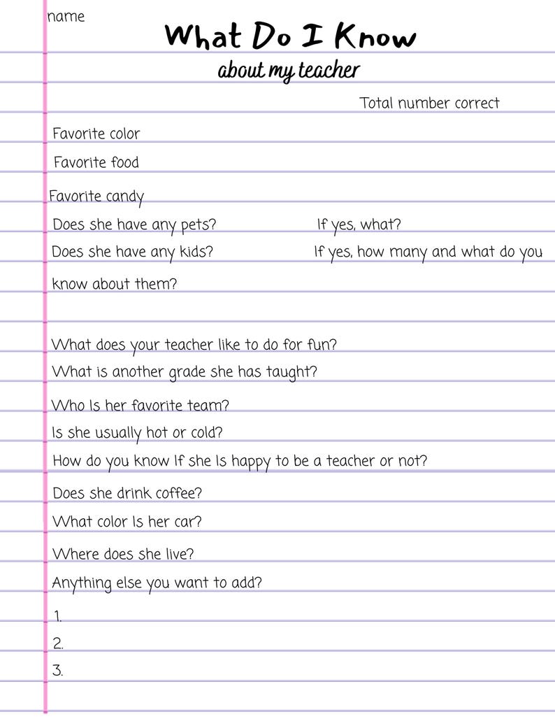 All About Your Teacher Worksheet-icebreaker for Students - Etsy