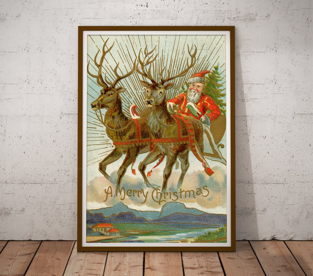 1908 Santa's Reindeer Postcard POSTER! (up to 24" X 36") - Decoration - Embossed - Antique ...