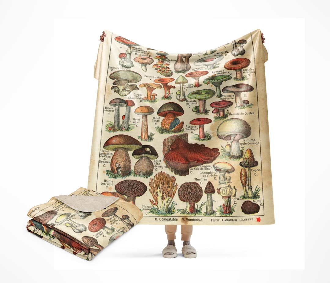 Extra Large Vintage Style Mushroom Blanket - Fleece Sherpa - Champignon ...