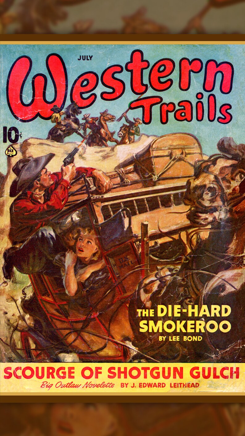 Western Trails Pulp Magazine Poster: Vintage Cowboy Stagecoach Gunfight ...