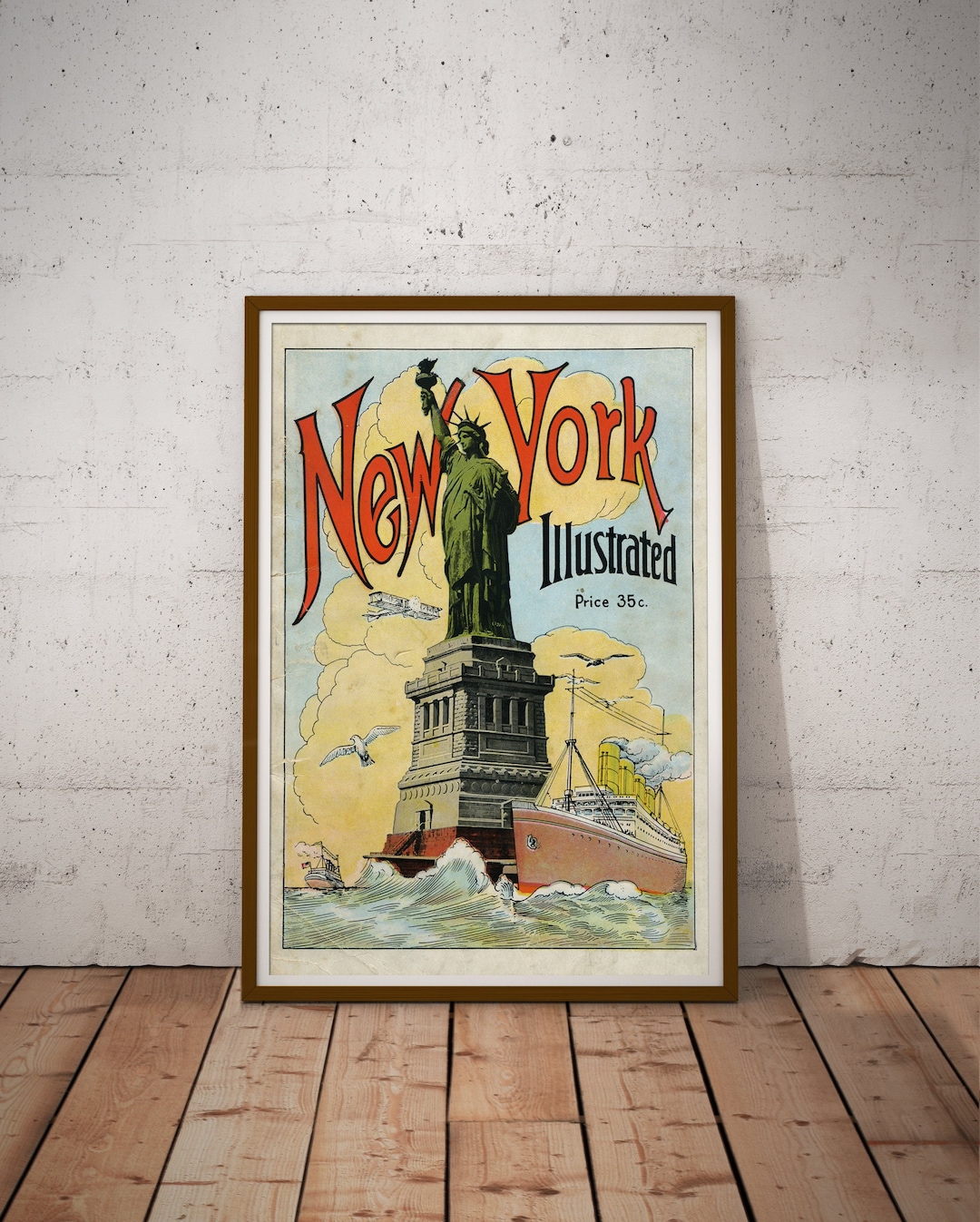 Vintage New York Illustrated Poster: Statue of Liberty, Ocean Liner - Etsy