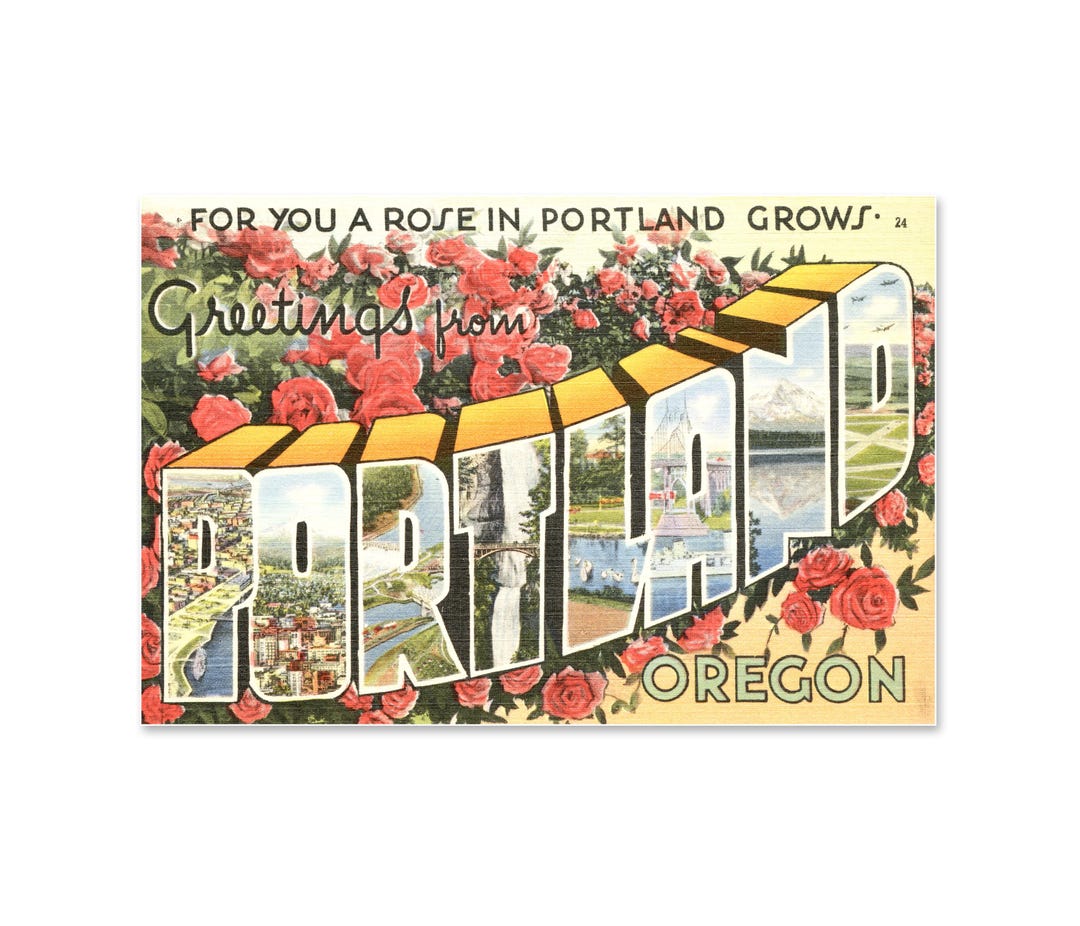 Vintage Portland Oregon Travel Poster, Large Letter Souvenir Art Print ...