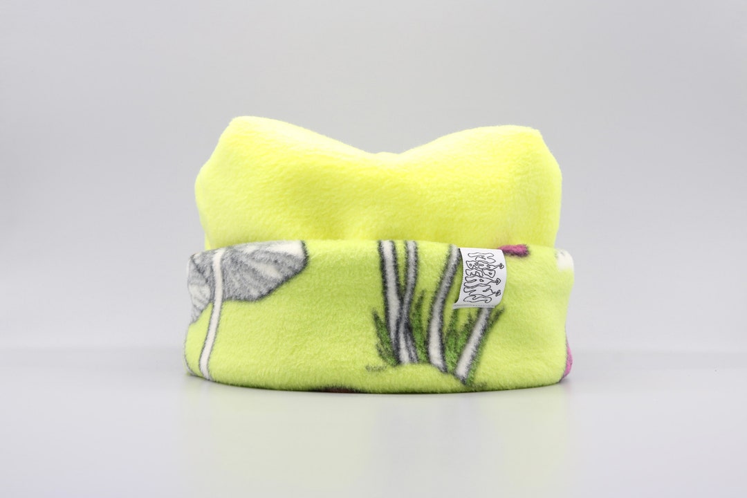 Bright Yellow and Mushies Handmade Retro Fleece Four Point Beanie Cozy ...