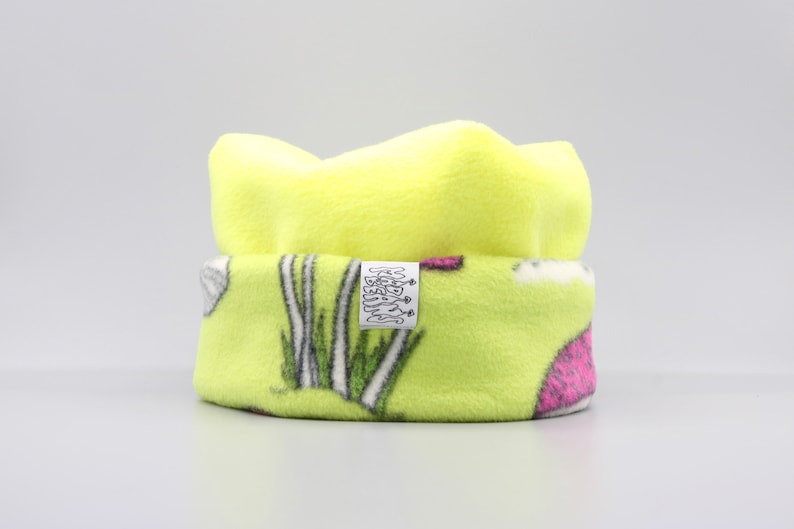Bright Yellow and Mushies Handmade Retro Fleece Four Point Beanie Cozy ...
