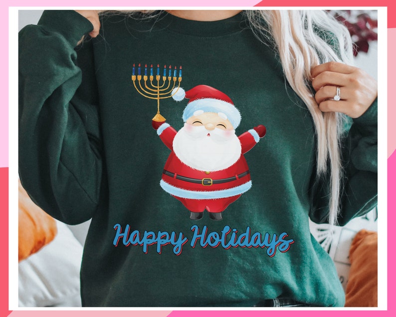 Retro Holiday Sweatshirt Santa With Menorah Christmas Hanukkah Sweater ...
