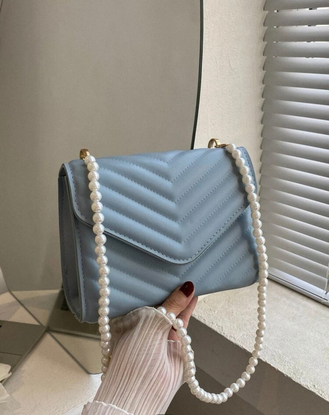 Pearl Decor Square Bag, Baby Blue Purse, Women Purse, Crossbody Bag ...