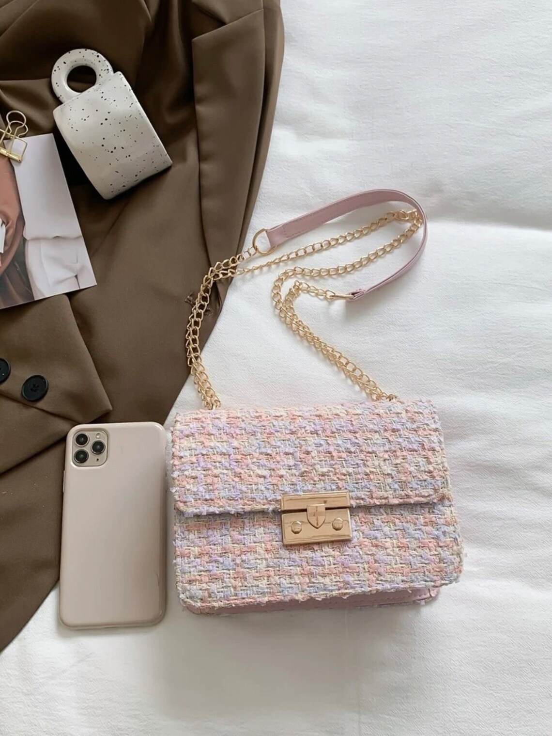 Mini Plaid Pattern Tweed Square Purse, Women Purse, Crossbody Bag, Mini ...