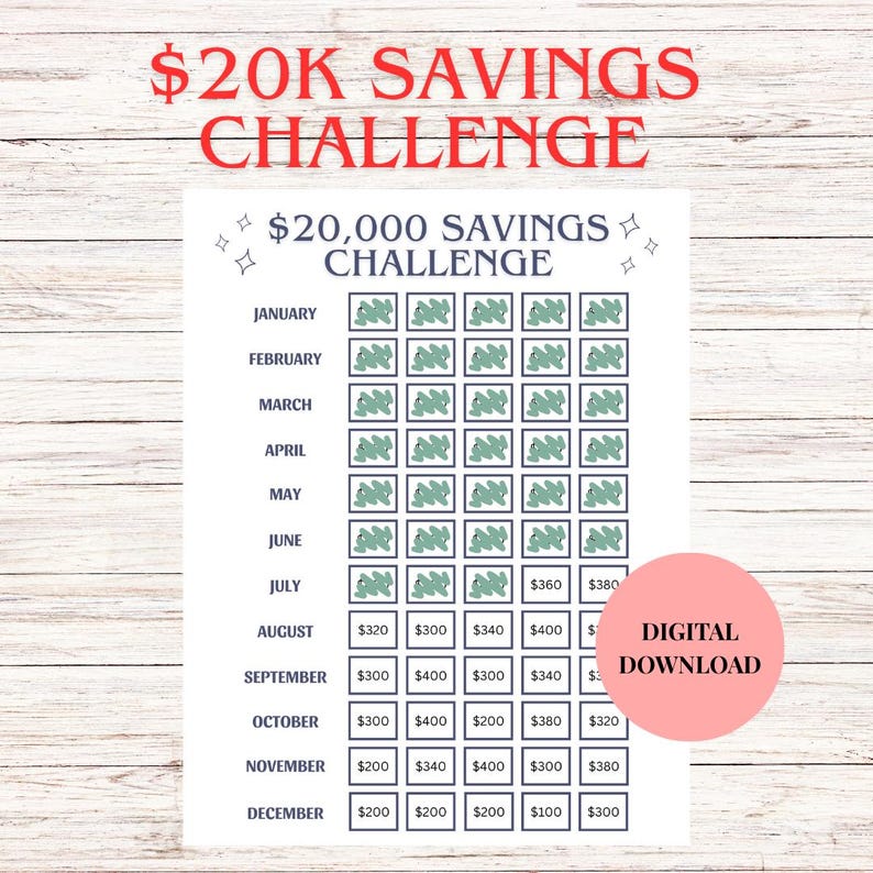 20K Savings Challenge Tracker Printable Sheet - Etsy