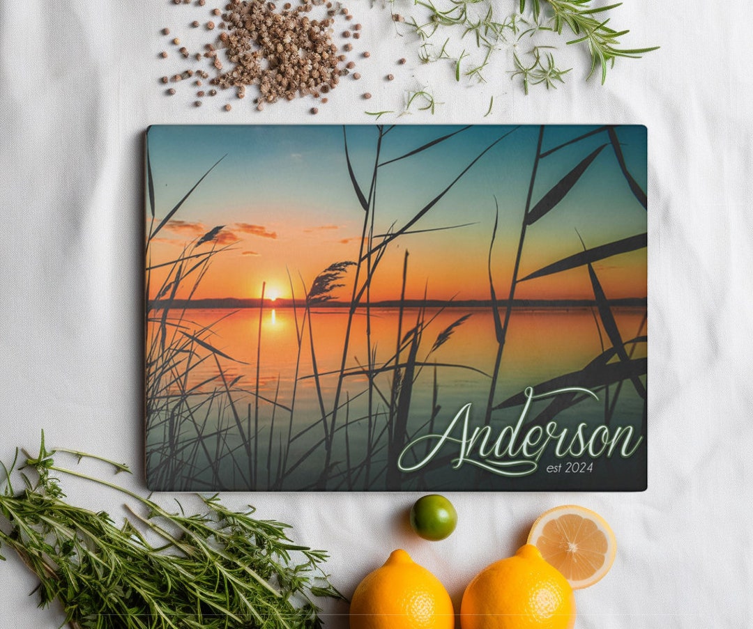 Personalized Lake Sunset Cutting Board, Tempered Glass Housewarming ...