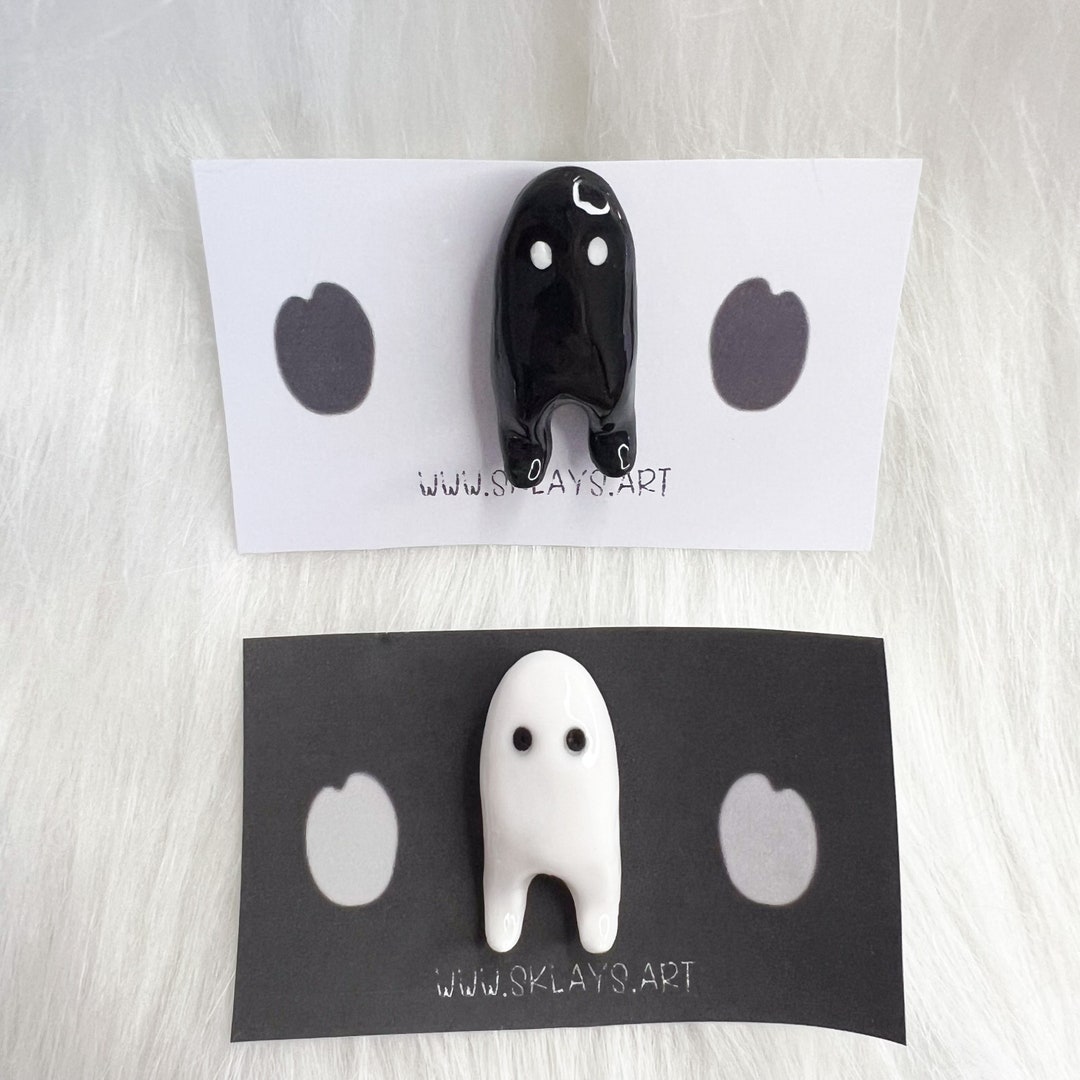 LEGGY GHOST PIN Clay Handmade Pins Black and White Cute Ghost Pins Sad ...