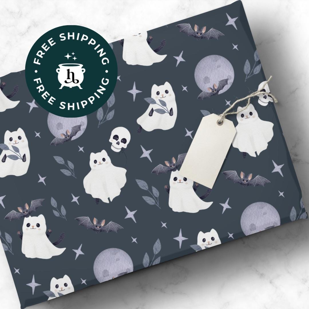 Ghost Cat Halloween Wrapping Paper – Gift Wrap for Boo Basket Fillers ...