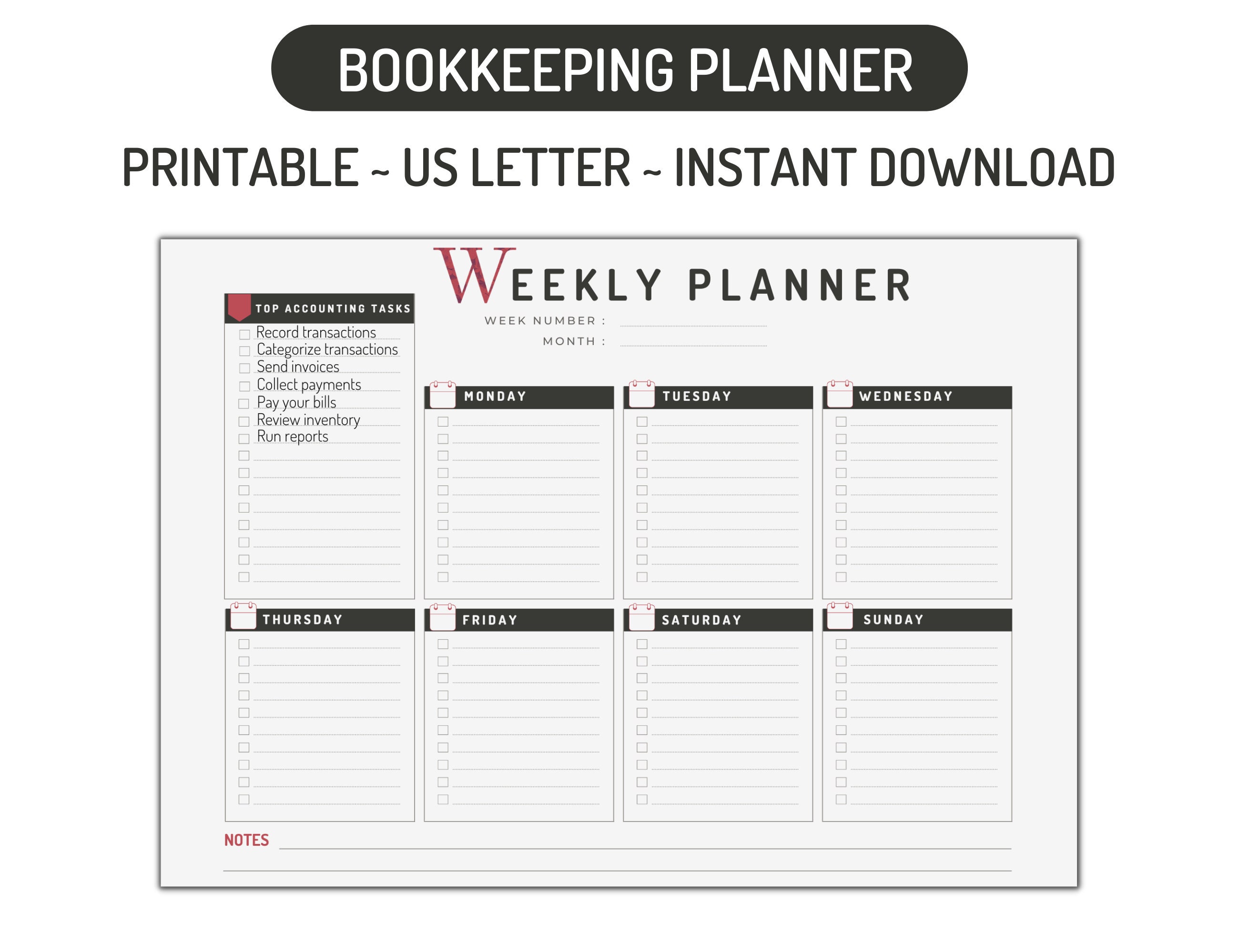 Bookkeeping Planner Printable Landscape, Accounting Weekly Schedule ...