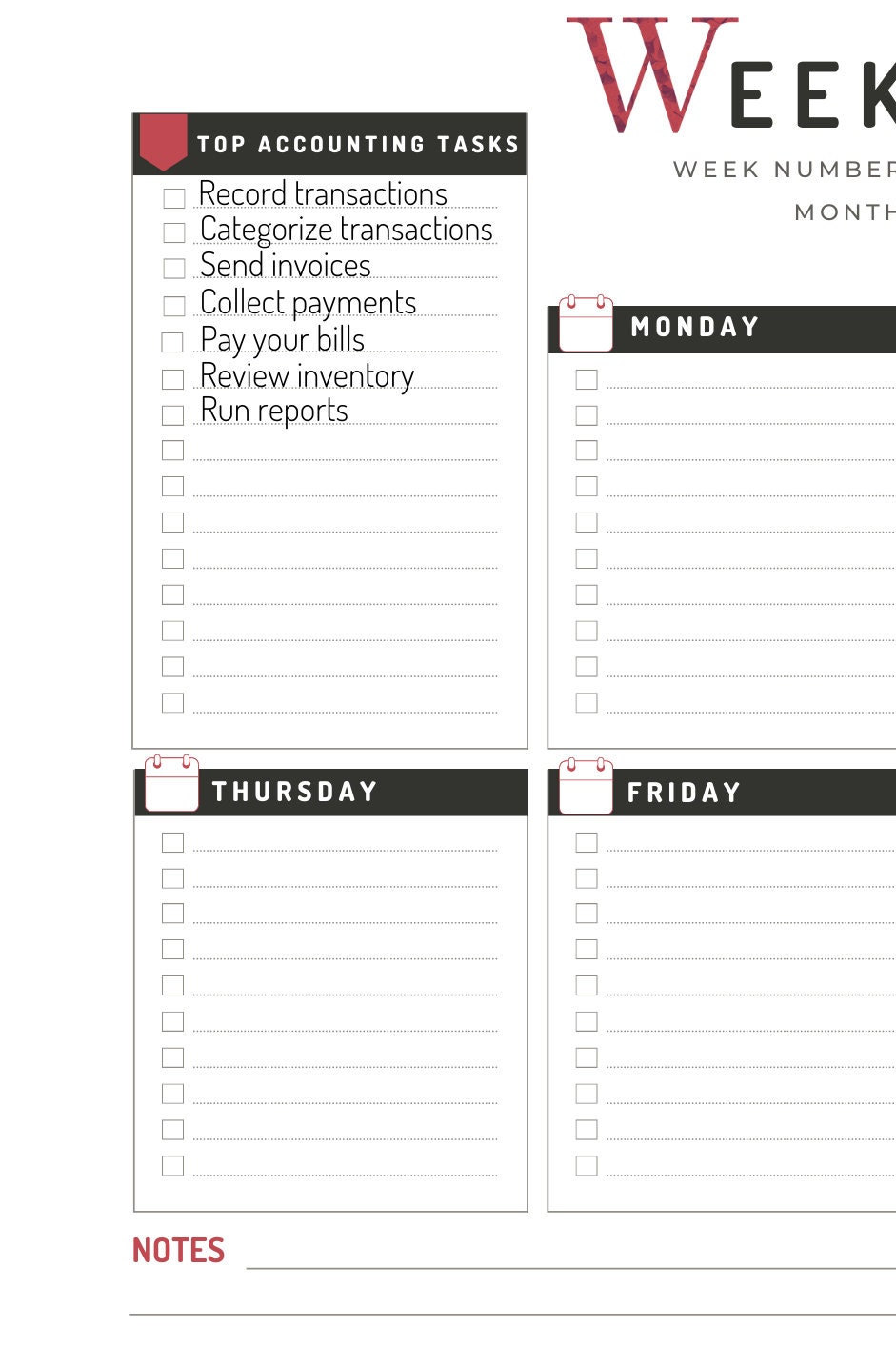 Bookkeeping Planner Printable Landscape, Accounting Weekly Schedule ...