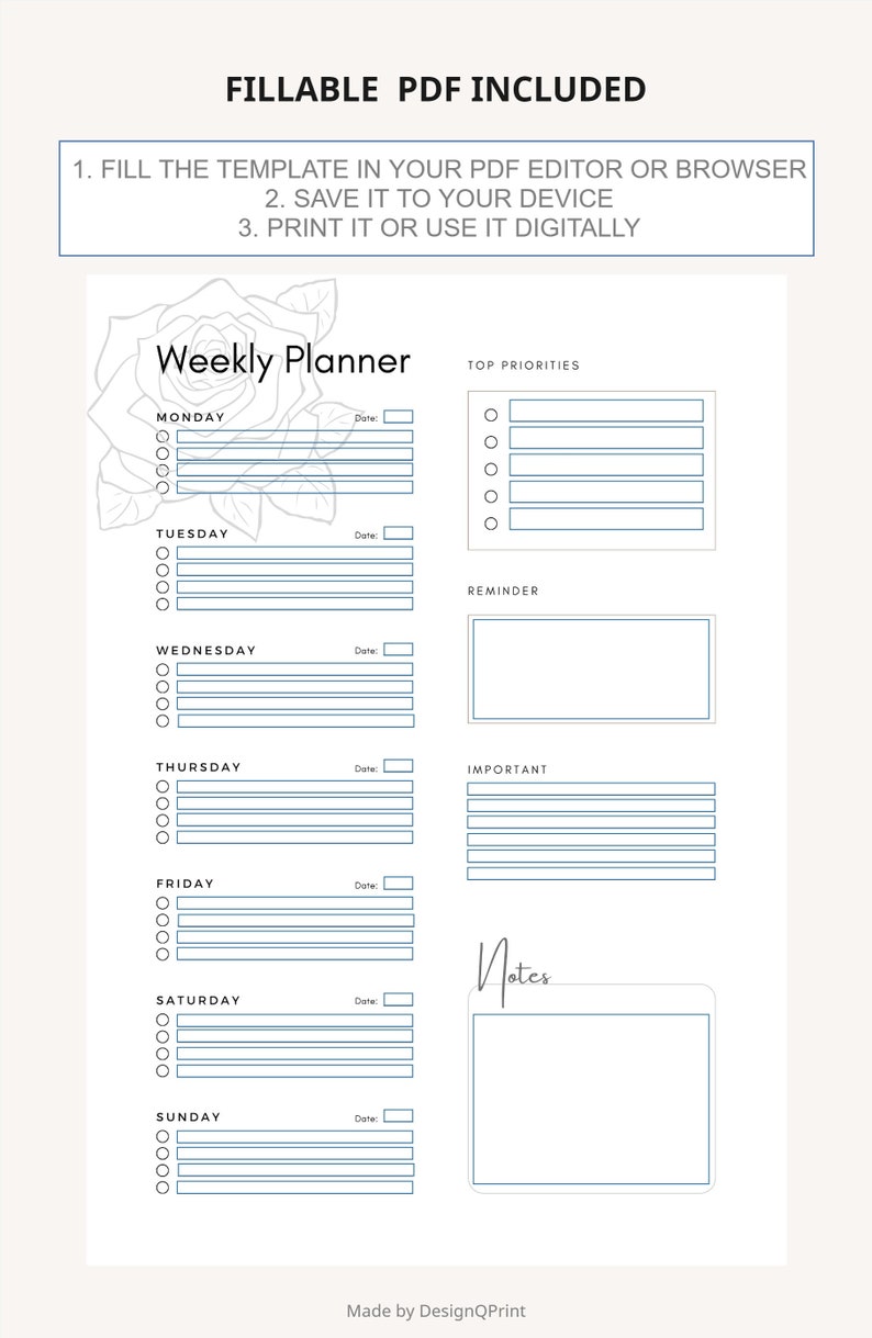Weekly Planner, Weekly Goal Planner, Weekly to Do List, Weekly Habit ...