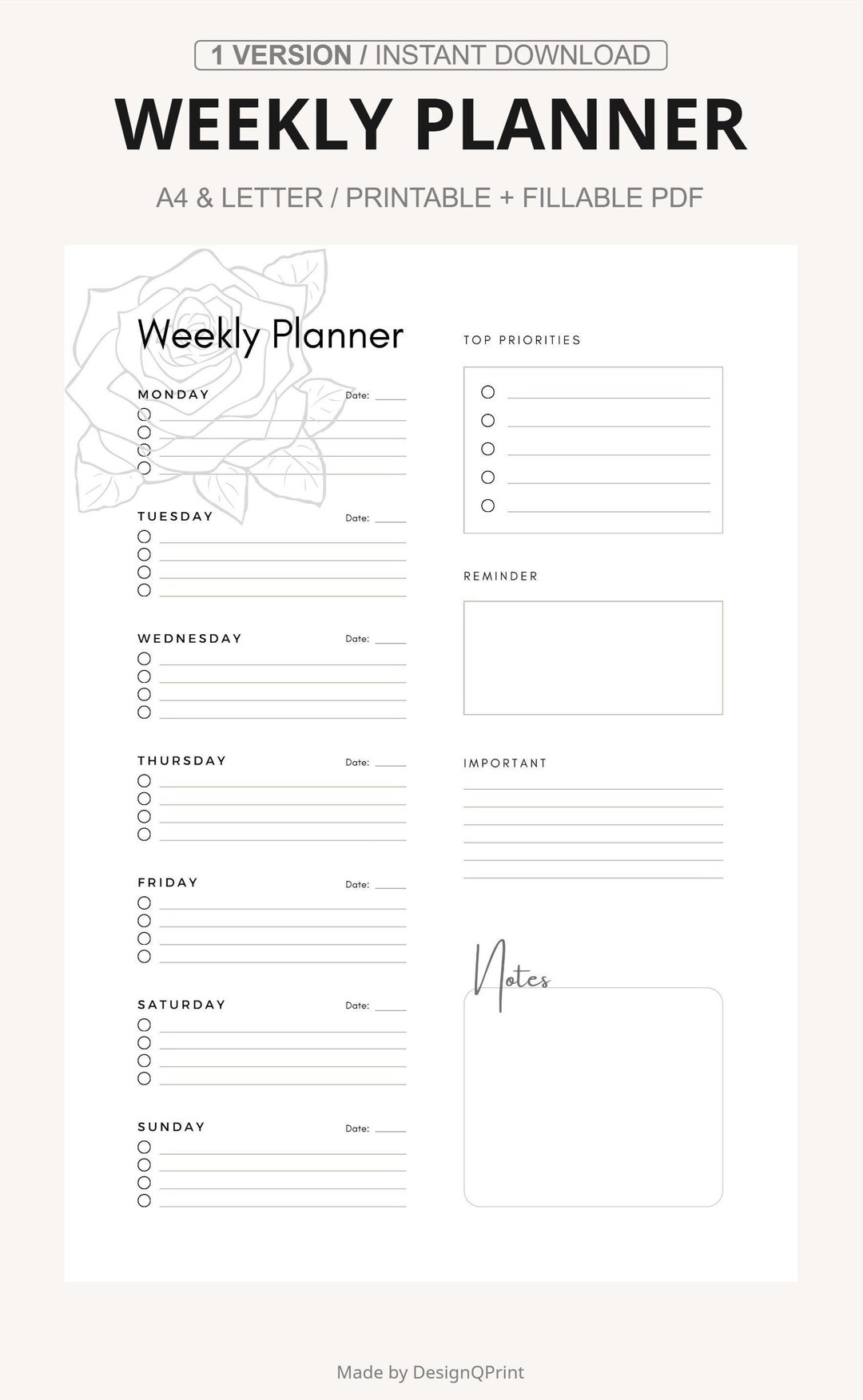 Weekly Planner, Weekly Goal Planner, Weekly to Do List, Weekly Habit ...