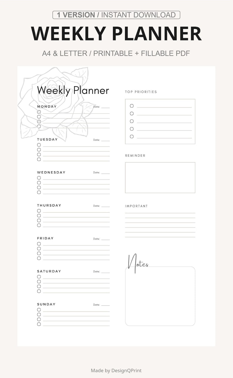 Weekly Planner, Weekly Goal Planner, Weekly to Do List, Weekly Habit ...