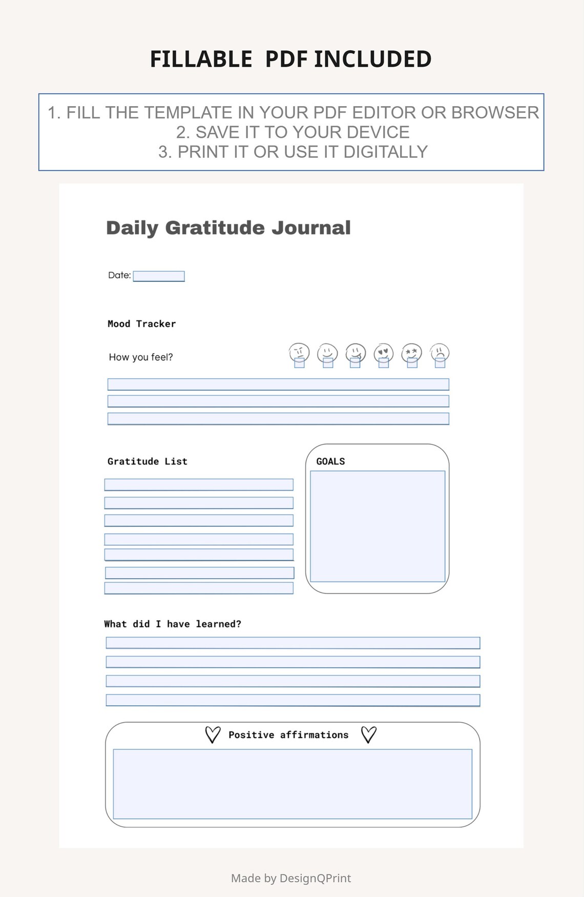 Daily Gratitude Journal, Mood Tracker, Positive Affirmations Thoughts ...
