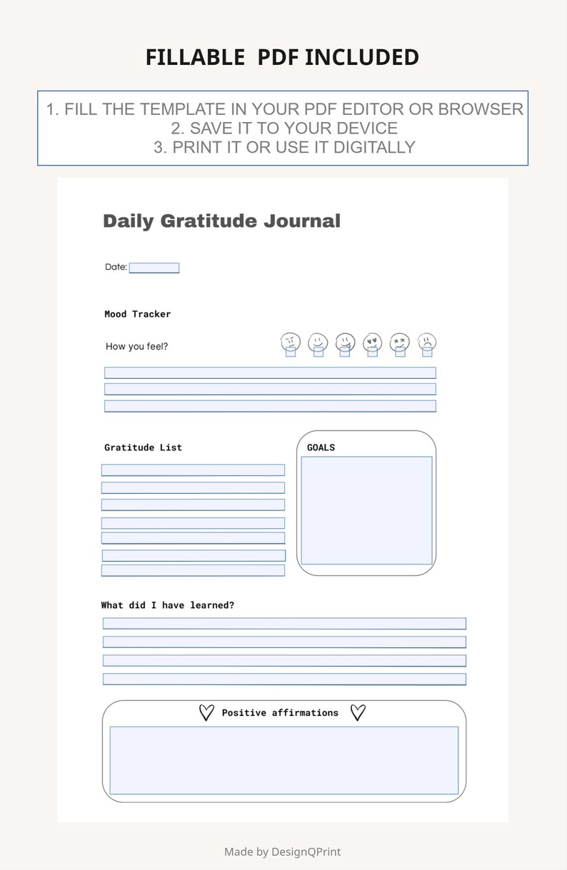 Daily Gratitude Journal, Mood Tracker, Positive Affirmations Thoughts ...