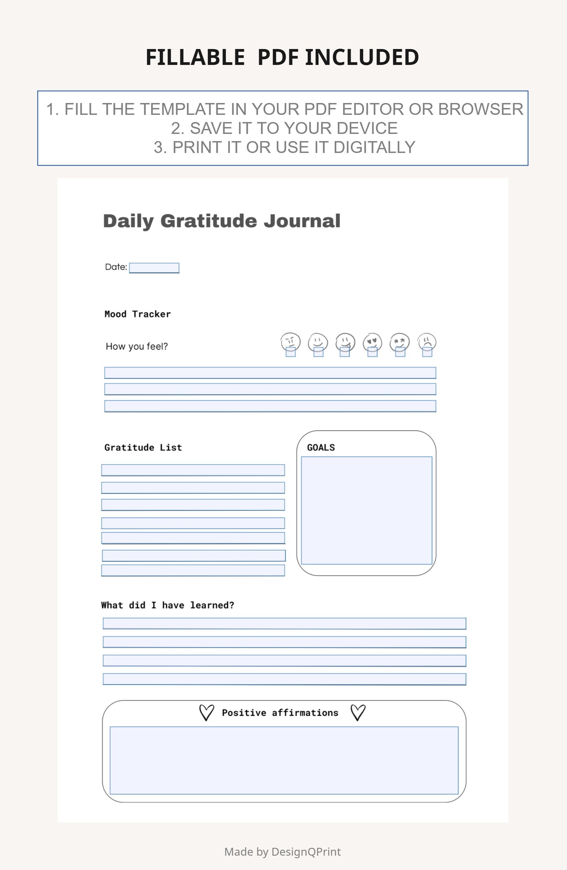 Daily Gratitude Journal, Mood Tracker, Positive Affirmations Thoughts ...