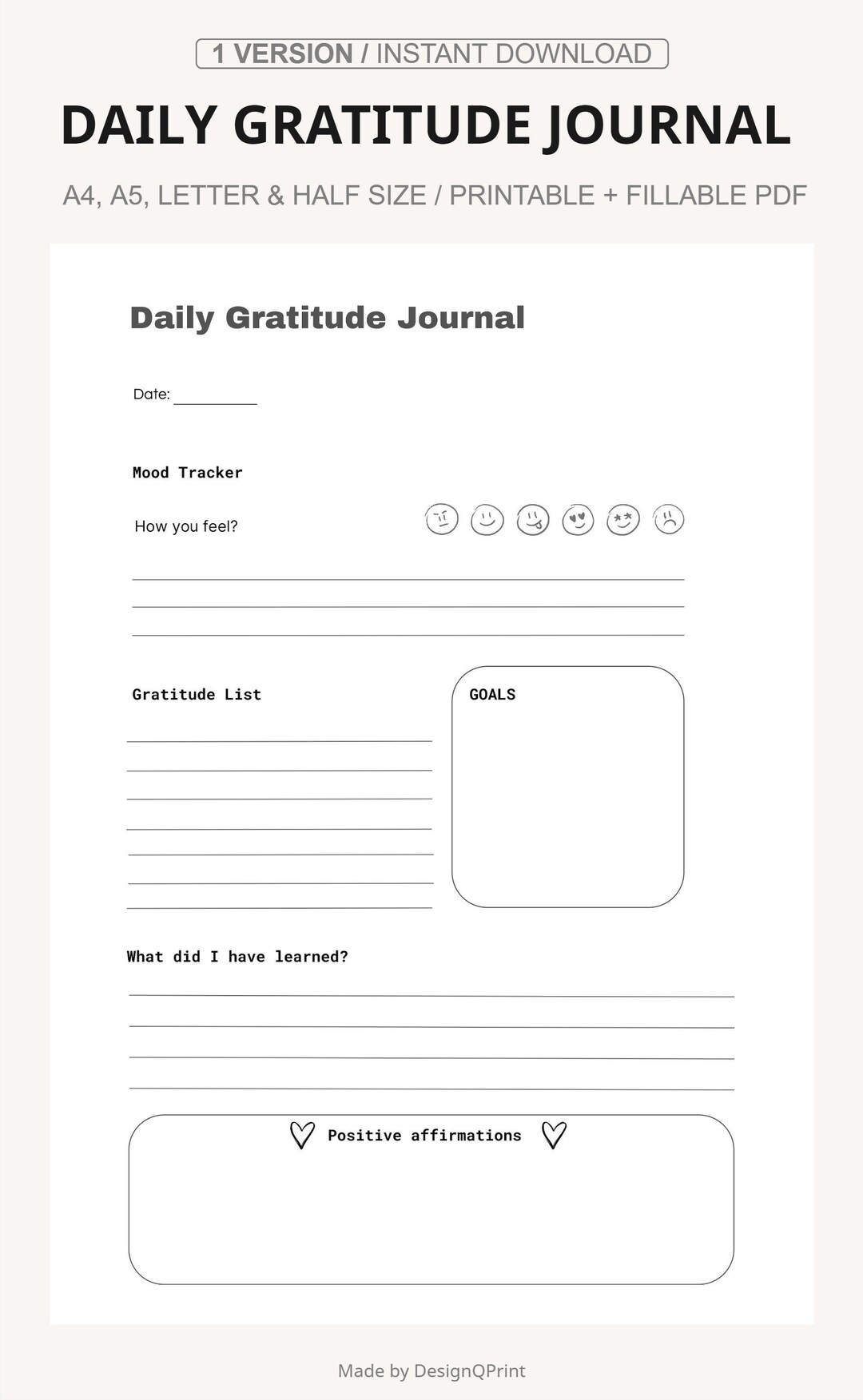 Daily Gratitude Journal, Mood Tracker, Positive Affirmations Thoughts ...