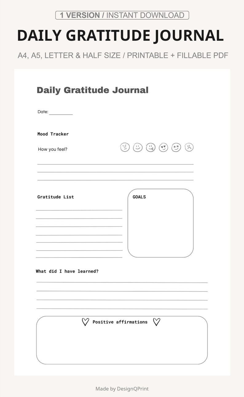 Daily Gratitude Journal, Mood Tracker, Positive Affirmations Thoughts ...