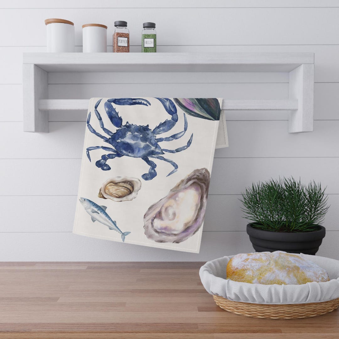 Vintage Seafood Kitchen Towel, Shellfish Dish Towel, Coastal ...