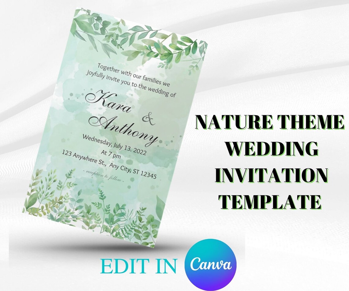 Green Nature Themed Wedding Invitation, Canva Template, Editable ...